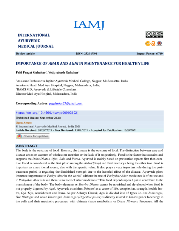 (PDF) Importance of Ahar and Agni in Maintenance for Healthy Life
