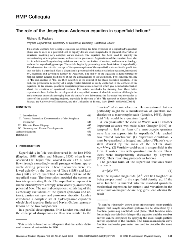 (PDF) The role of the Josephson-Anderson equation in superfluid helium