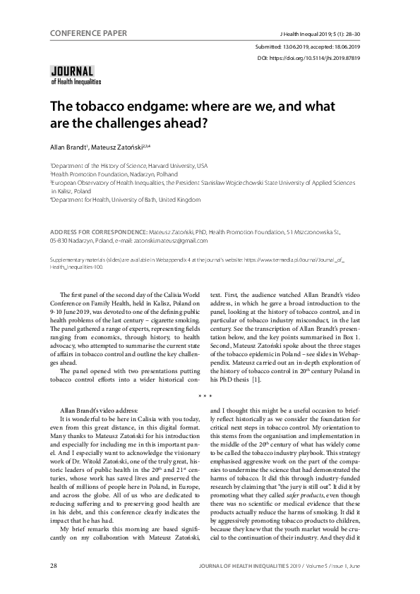(PDF) The tobacco endgame: where are we, and what are the challenges ahead?