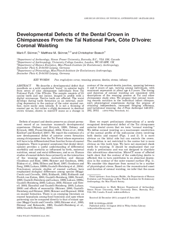 (PDF) Developmental defects of the dental crown in chimpanzees from the ...