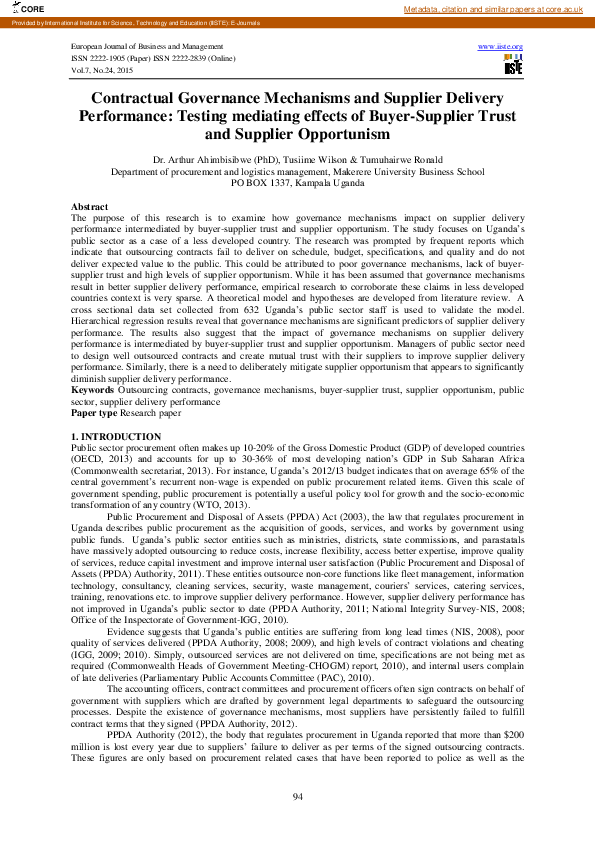 (PDF) Contractual Governance Mechanisms and Supplier Delivery ...
