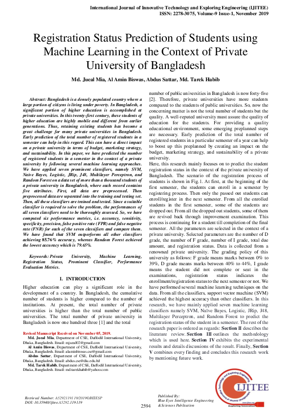 (PDF) Registration Status Prediction of Students using Machine Learning ...
