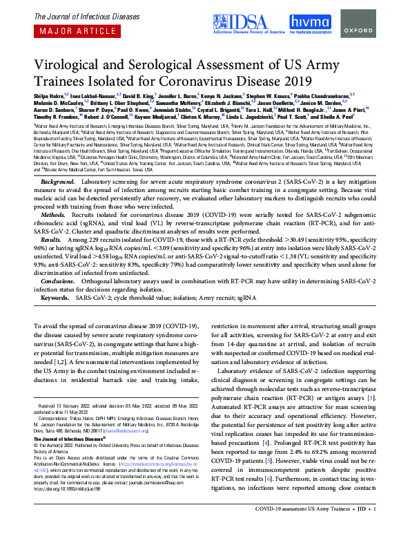 (PDF) Virological and Serological Assessment of US Army Trainees ...