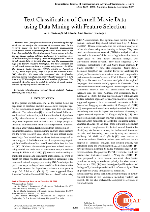 (PDF) Text Classification of Cornell Movie Data using Data Mining with Feature Selection