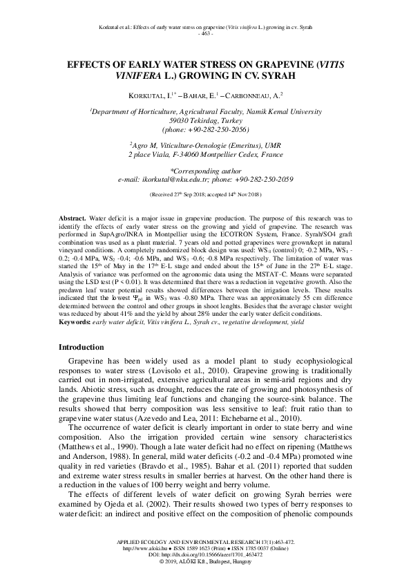 (PDF) Effects of Early Water Stress on Grapevine (Vitis Vinifera L ...