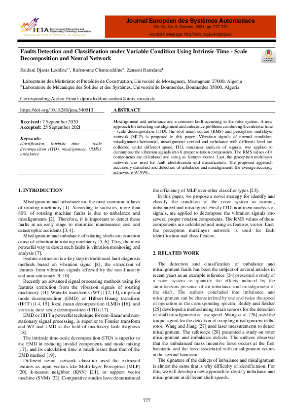 Pdf Faults Detection And Classification Under Variable Condition Using Intrinsic Time Scale