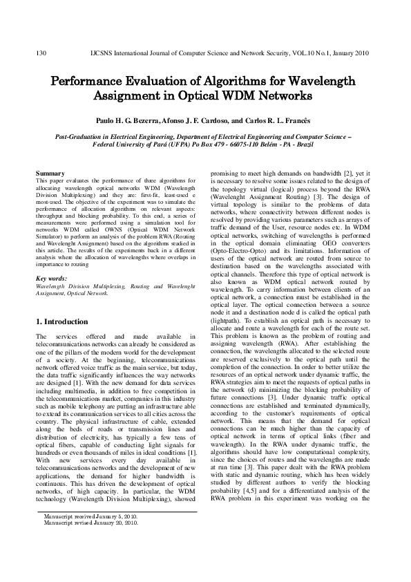 Pdf Performance Evaluation Of Algorithms For Wavelength Assignment In Optical Wdm Networks