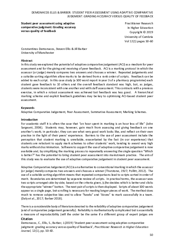 (PDF) Student Peer Assessment Using Adaptive Comparative Judgment: Grading Accuracy versus ...