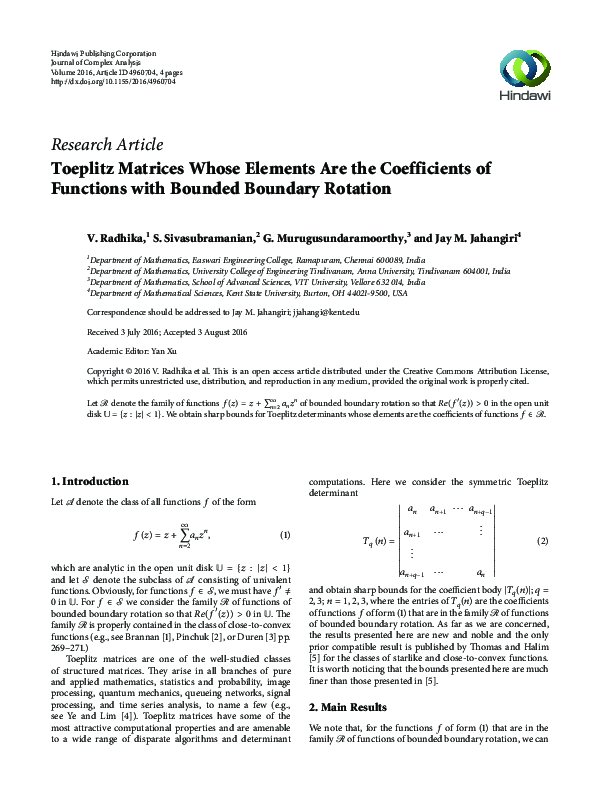 Pdf Toeplitz Matrices Whose Elements Are The Coefficients Of Functions With Bounded Boundary
