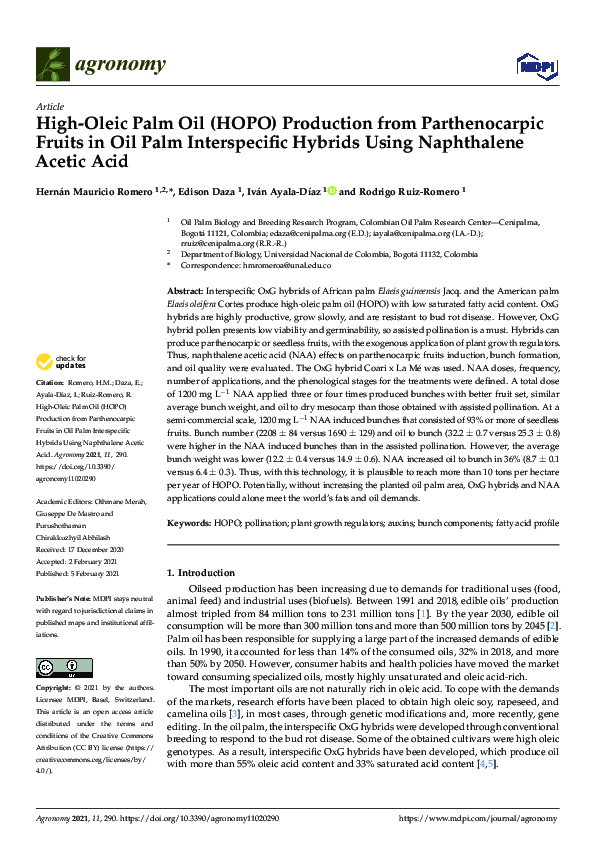 (PDF) High-Oleic Palm Oil (HOPO) Production from Parthenocarpic Fruits ...
