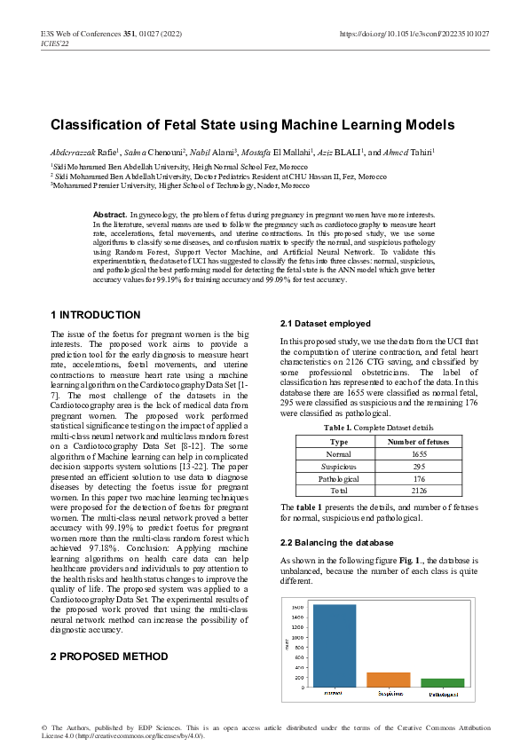 (PDF) Classification of Fetal State using Machine Learning Models