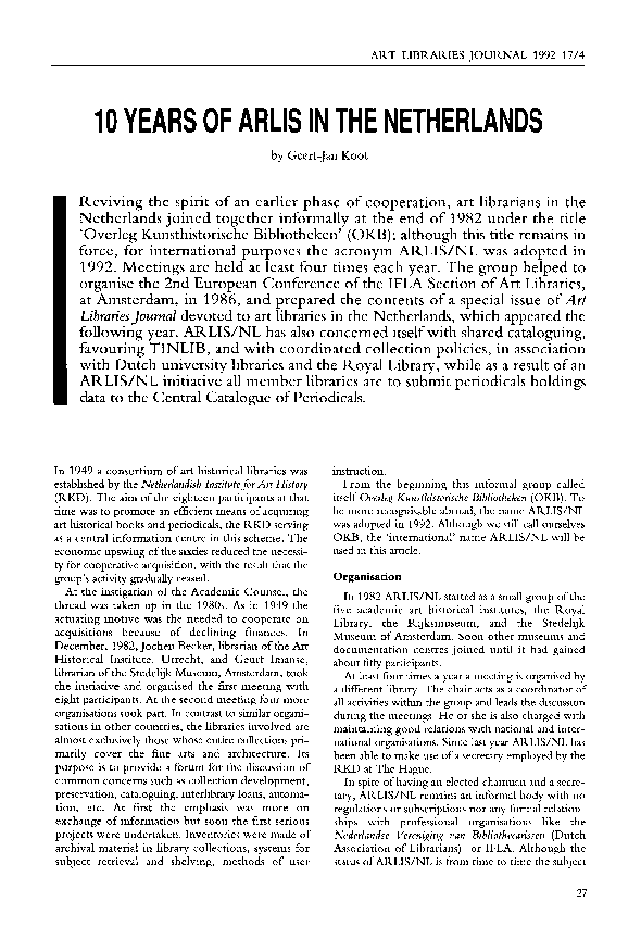 (PDF) 10 Years of ARLIS in the Netherlands