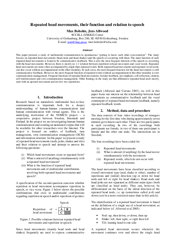 (PDF) Repeated head movements, their function and relation to speech