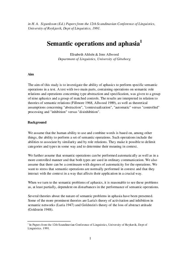 (PDF) Semantic operations and aphasia