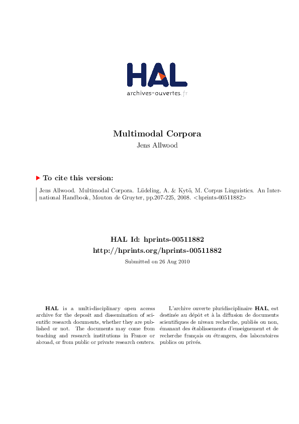 Pdf Multimodal Corpora Allwood Jens 