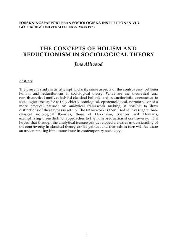 (PDF) The concepts of holism and reductionism in sociological theory