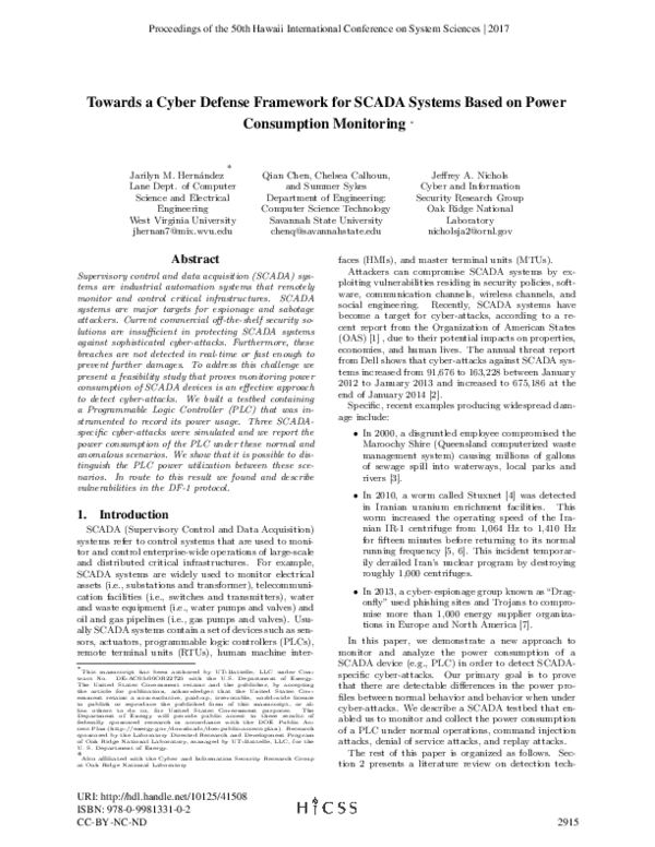 (PDF) Towards a Cyber Defense Framework for SCADA Systems Based on Power Consumption Monitoring