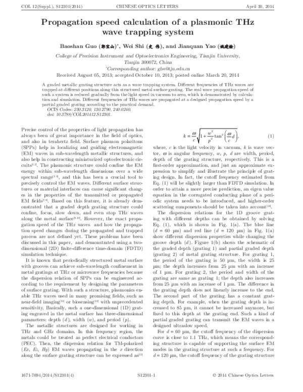 Propagation Speed Calculation Of A Plasmonic Thz Wave Trapping System