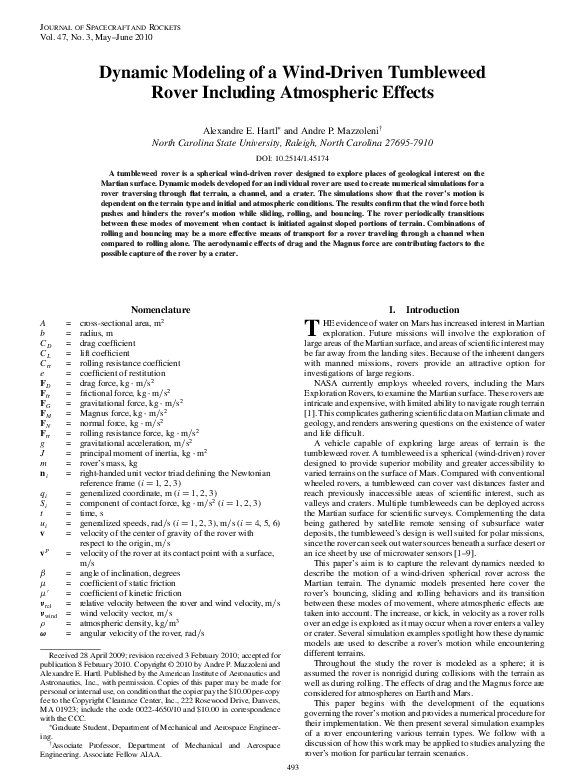 (PDF) Dynamic Modeling of a Wind-Driven Tumbleweed Rover Including ...