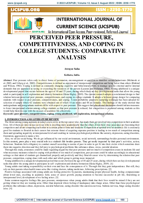 (PDF) PERCEIVED PEER PRESSURE, COMPETITIVENESS, AND COPING IN COLLEGE ...