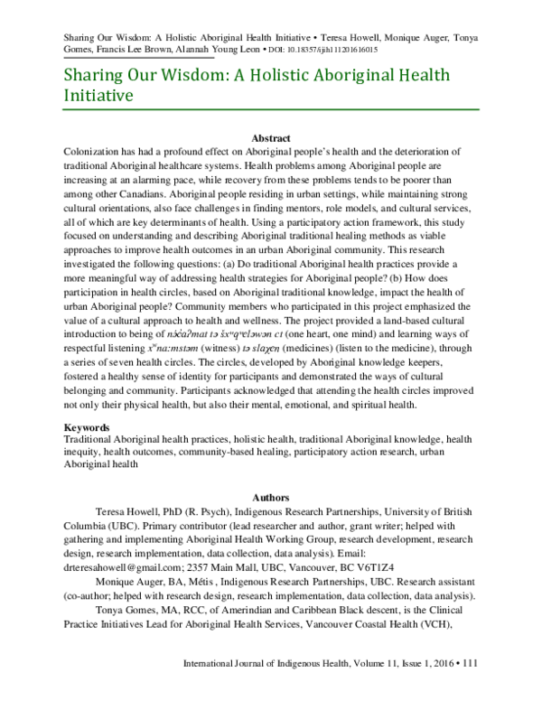 (PDF) Sharing Our Wisdom: A Holistic Aboriginal Health Initiative