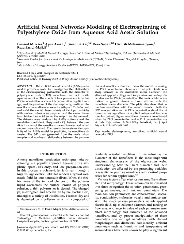 (PDF) Artificial neural networks modeling of electrospinning of polyethylene oxide from aqueous ...
