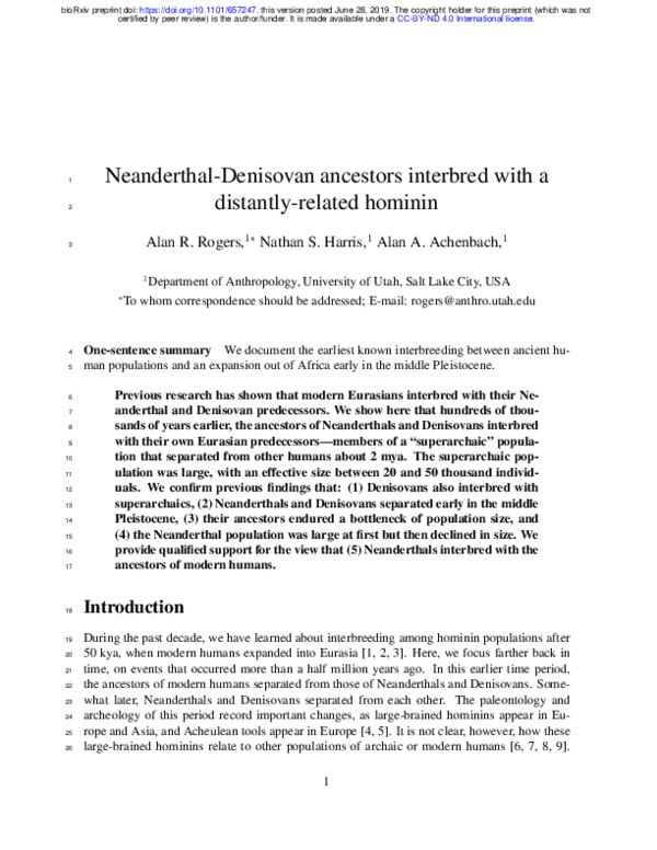 (PDF) Neanderthal-Denisovan ancestors interbred with a distantly ...