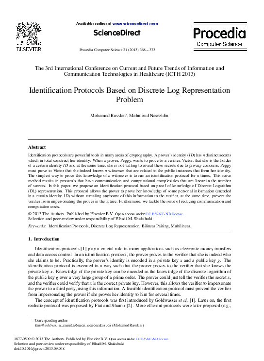 (PDF) Identification Protocols based on Discrete Log Representation Problem
