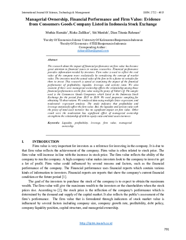 (PDF) Managerial Ownership, Financial Performance and Firm Value: Evidence from Consumers Goods ...