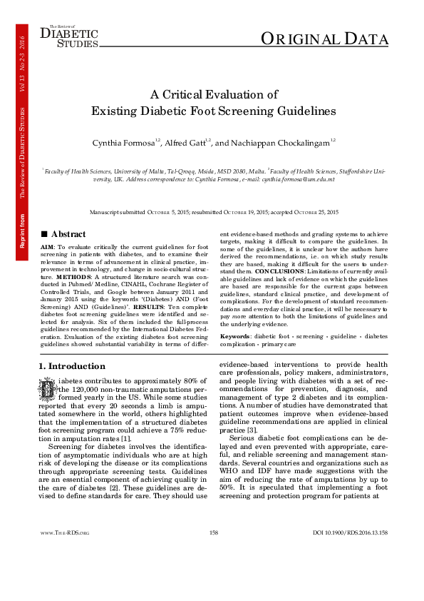 (PDF) Evaluating Diabetic Foot Screening Guidelines: Gaps and Evidence