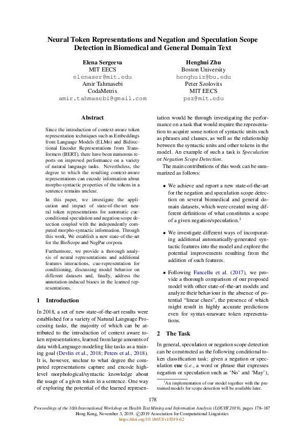 Pdf Neural Token Representations And Negation And Speculation Scope Detection In Biomedical