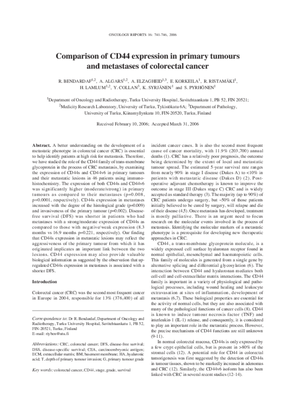 (PDF) Comparison of CD44 expression in primary tumours and metastases ...