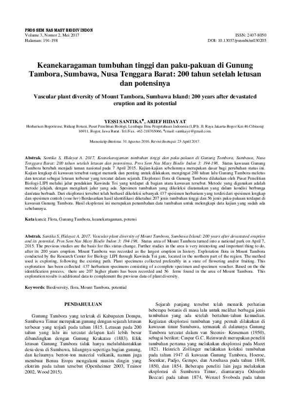 (PDF) Keanekaragaman tumbuhan tinggi dan paku-pakuan di Gunung Tambora ...