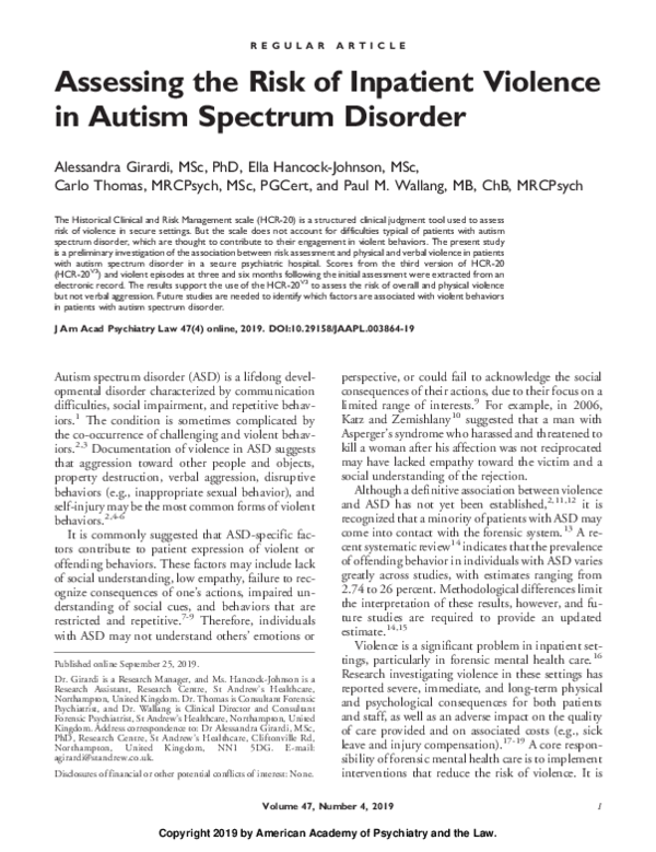 (PDF) Assessing the Risk of Inpatient Violence in Autism Spectrum Disorder