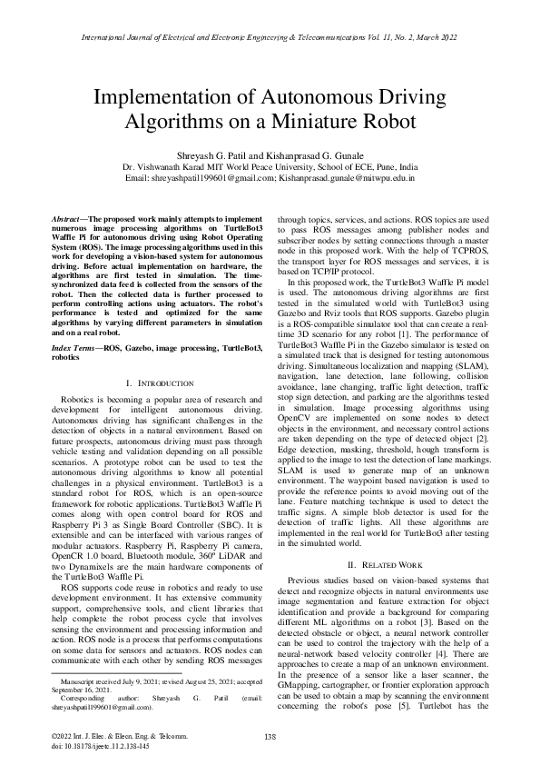 (PDF) Implementation of Autonomous Driving Algorithms on a Miniature Robot
