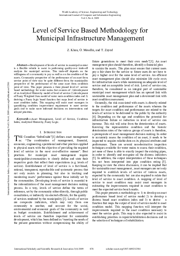 (PDF) Level Of Service Based Methodology For Municipal Infrastructure ...