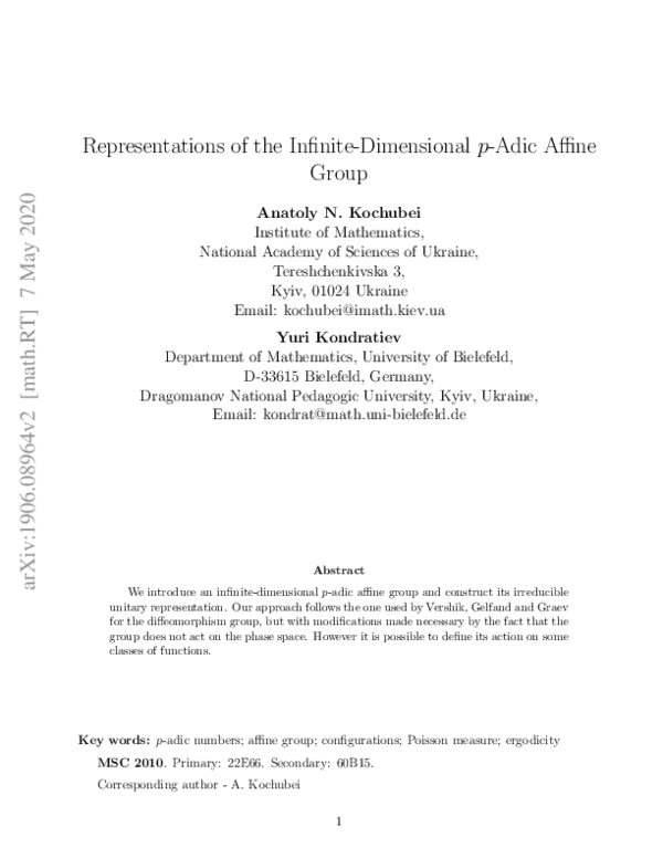 (PDF) Representations of the infinite-dimensional p-adic affine group