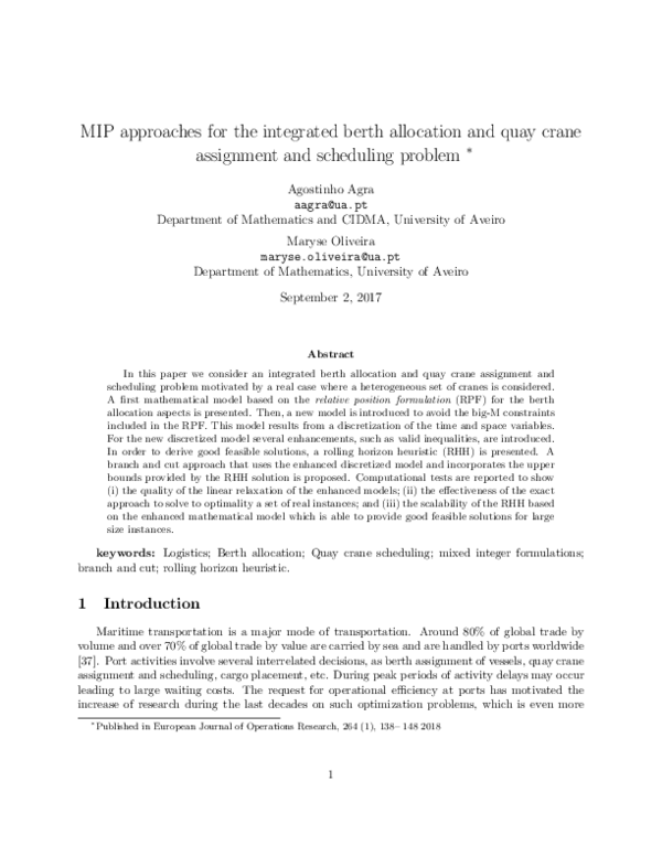 Pdf Mip Approaches For The Integrated Berth Allocation And Quay Crane