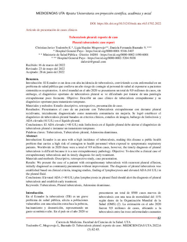 (PDF) Tuberculosis pleural: reporte de caso
