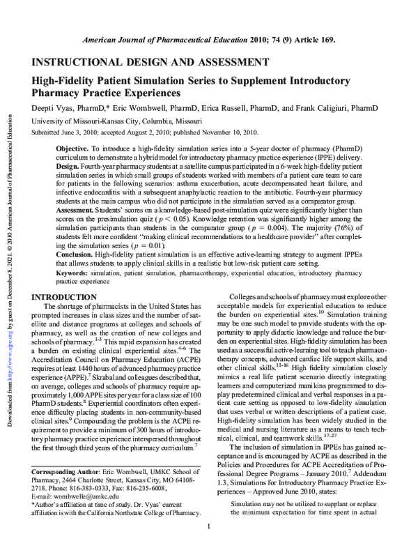 (PDF) INSTRUCTIONAL DESIGN AND ASSESSMENT High-Fidelity Patient Simulation Series to Supplement ...