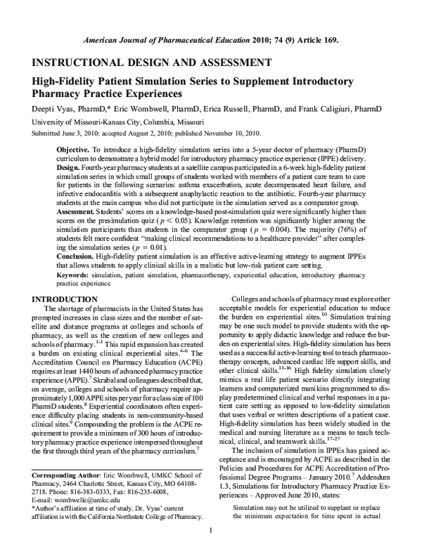 (PDF) High-Fidelity Patient Simulation Series to Supplement Introductory Pharmacy Practice ...