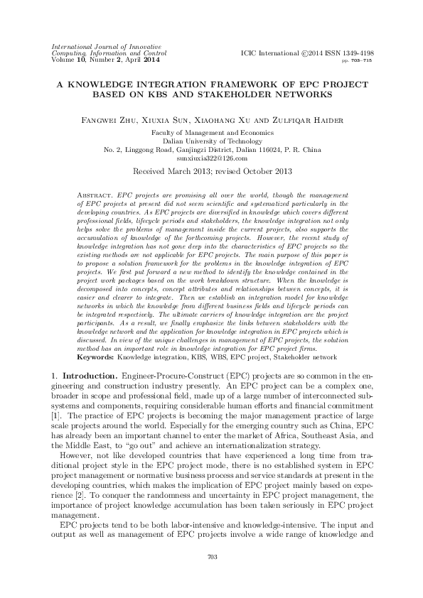 (PDF) A Knowledge Integration Framework of Epc Project Based on KBS and Stakeholder Networks