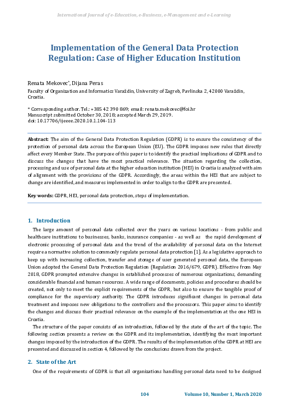 (PDF) Implementation of the General Data Protection Regulation: Case of ...