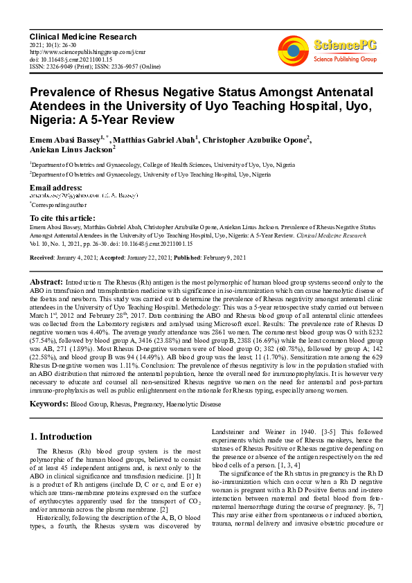 (PDF) Prevalence of Rhesus Negative Status Amongst Antenatal Atendees ...
