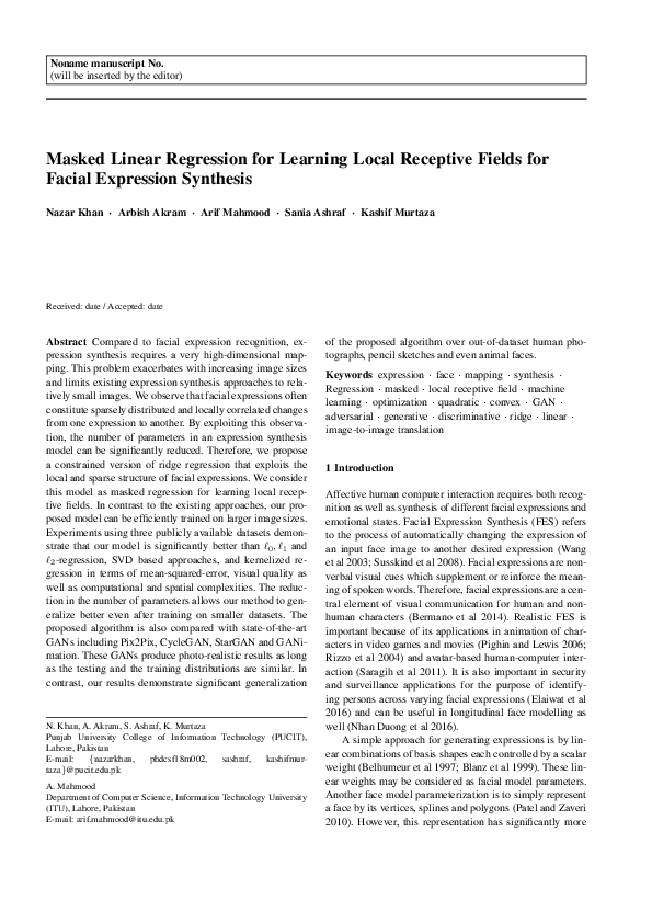 (PDF) Masked Linear Regression for Learning Local Receptive Fields for Facial Expression Synthesis