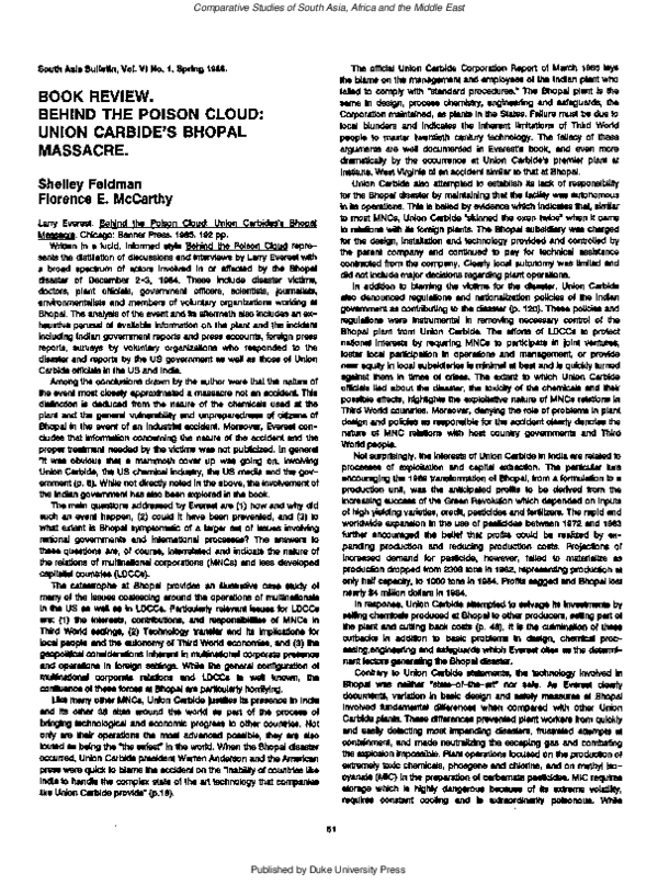 (PDF) Behind the Poison Cloud: Union Carbide's Bhopal Massacre
