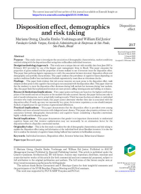 (PDF) Demographics, Risk Taking, and Disposition Effect