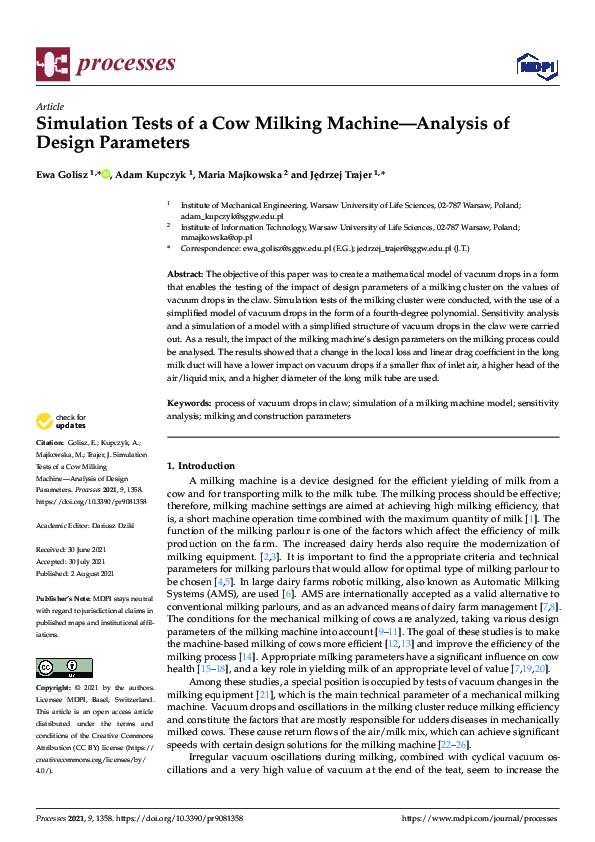 (PDF) Simulation Tests of a Cow Milking Machine—Analysis of Design ...
