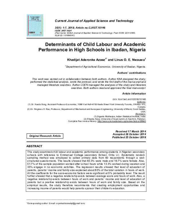 (PDF) Determinants of Child Labour and Academic Performance in High Schools in Ibadan, Nigeria