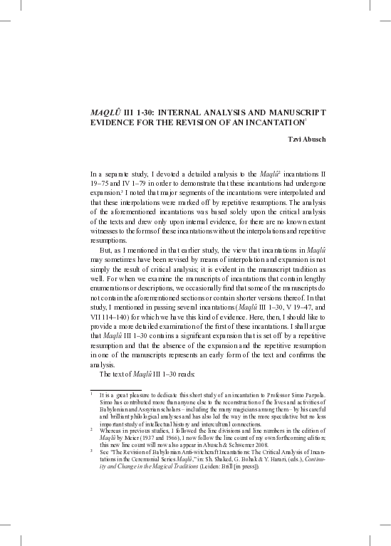 (PDF) Maqlû III 1–30: Internal Analysis and Manuscript Evidence for the Revision of an Incantation